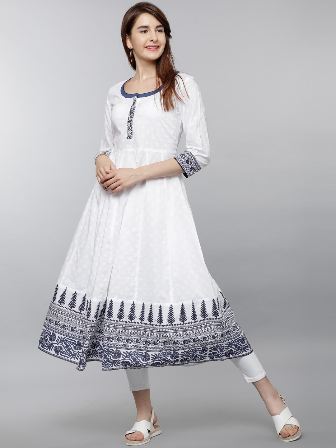 Buy Vishudh Women White And Navy Blue Printed Anarkali Kurta Kurtas For