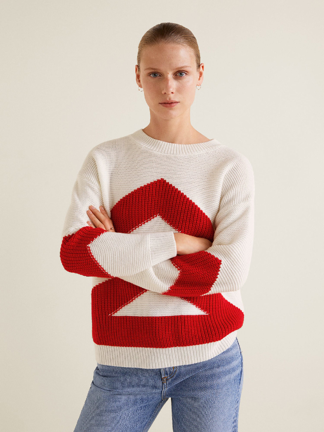 Buy MANGO Women Off White & Red Self Design Pullover - Sweaters for ...