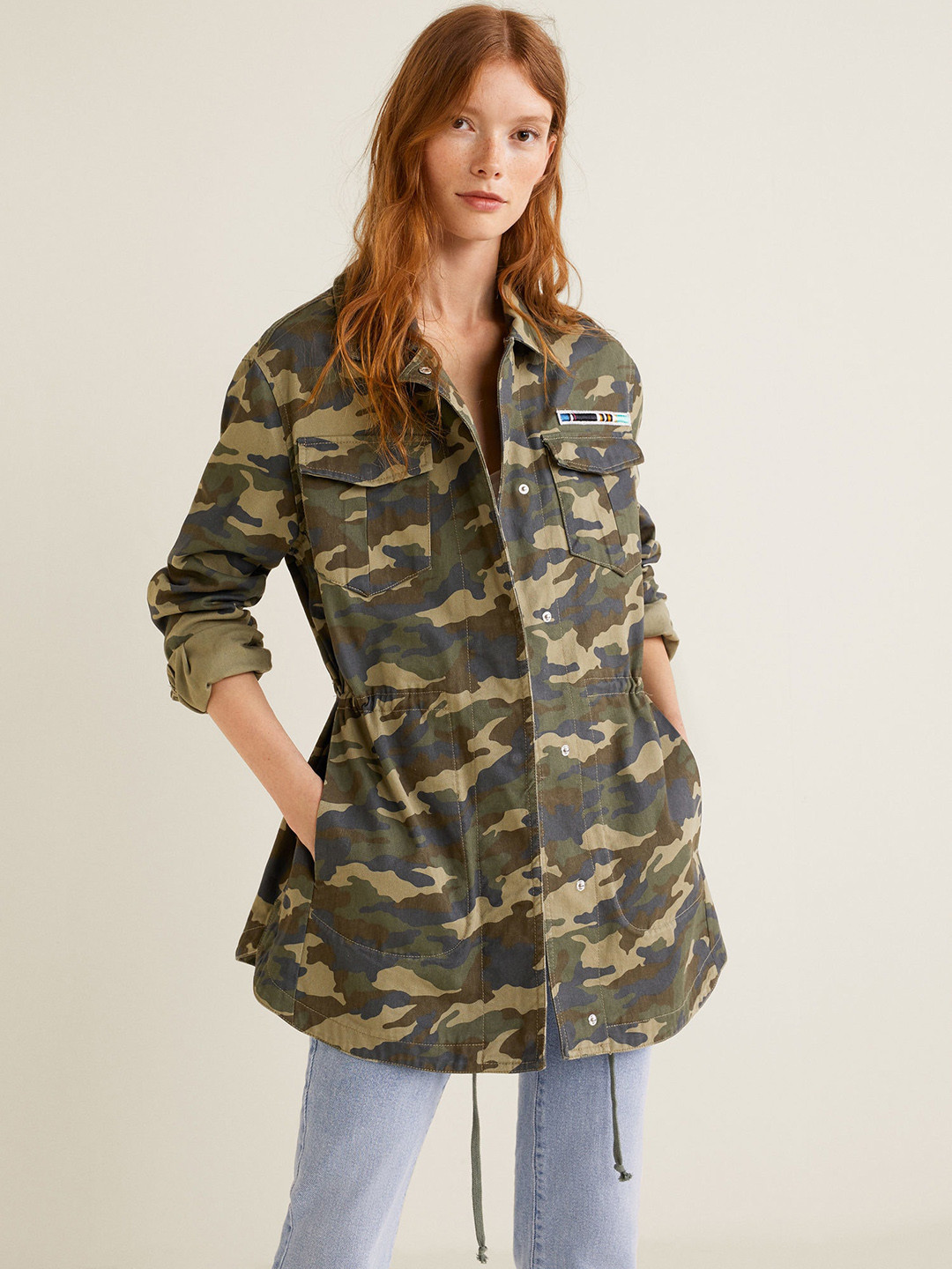 Buy MANGO Women Olive Green Printed Tailored Jacket - Jackets for Women ...