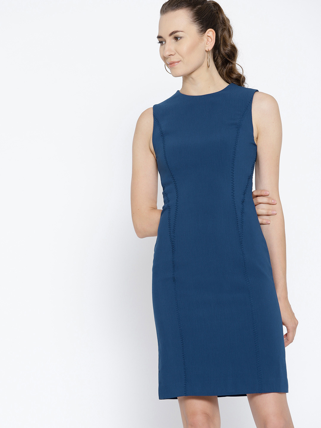 Buy MANGO Women Teal Blue Solid Sheath Dress - Dresses for Women ...