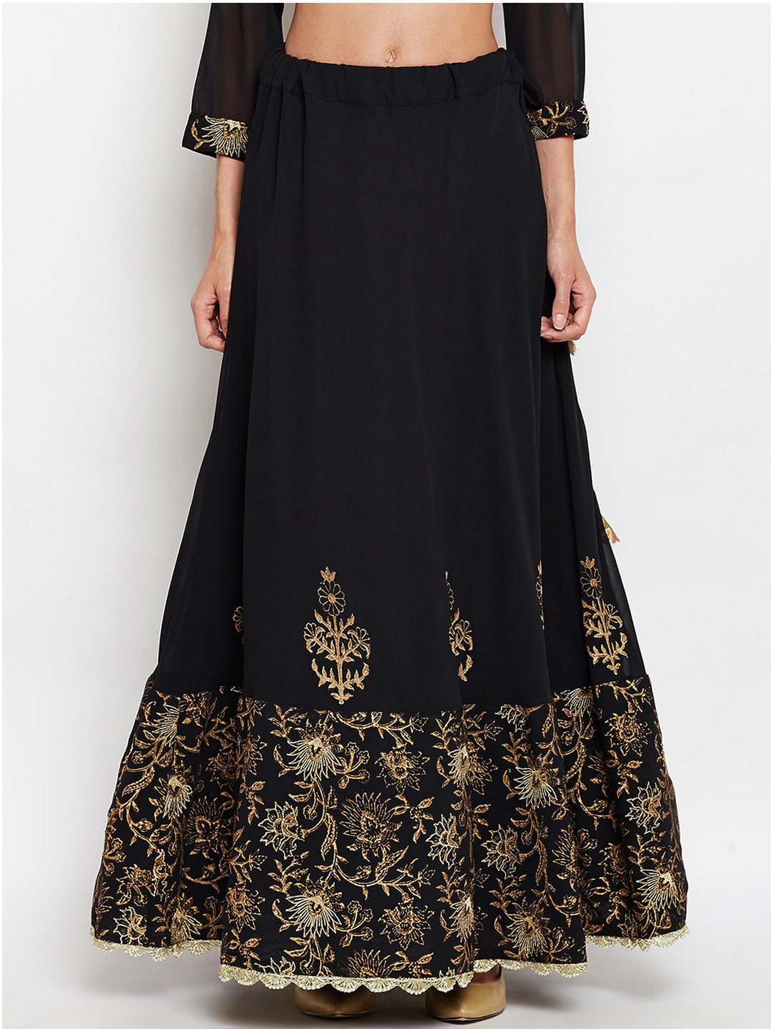 Buy Studio Rasa Women Black Block Printed Embroidered Maxi Skirt ...