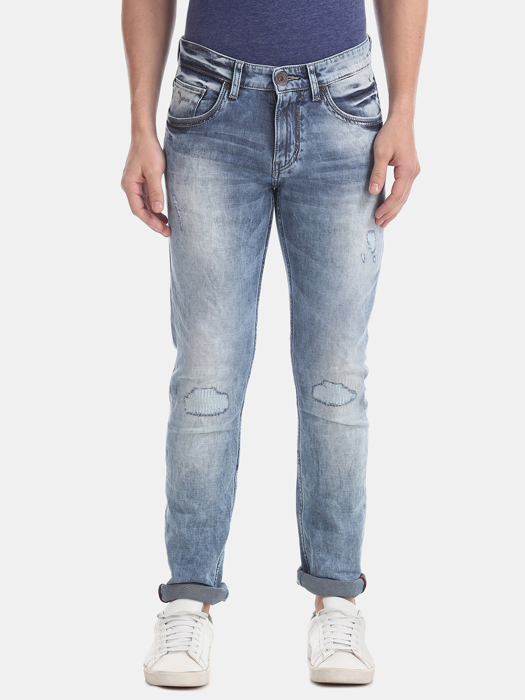 Buy Flying Machine Men Blue Tapered Fit Mid Rise Low Distress ...