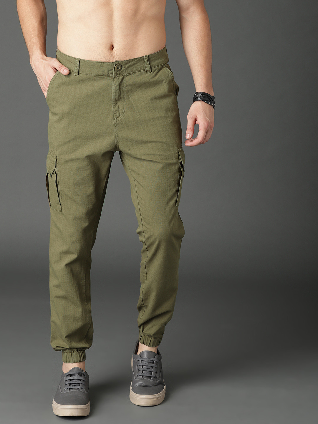 Buy Roadster Men Olive Green Regular Fit Solid Cargos - Trousers for ...