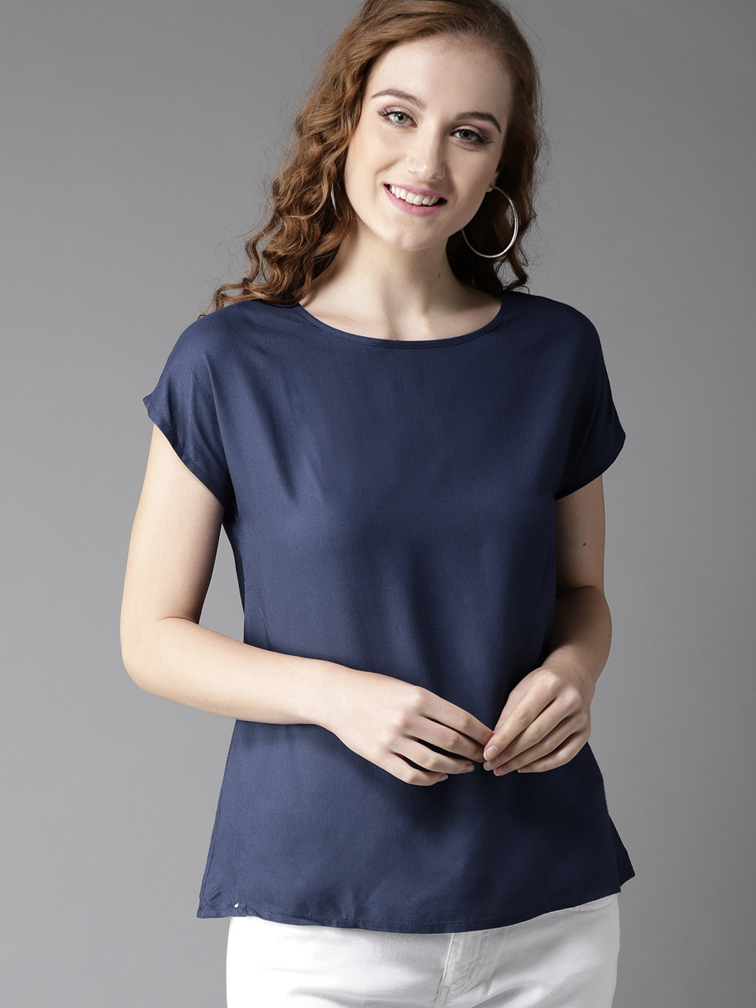 Buy HERE&NOW Women Navy Blue Solid Styled Back Top - Tops for Women ...