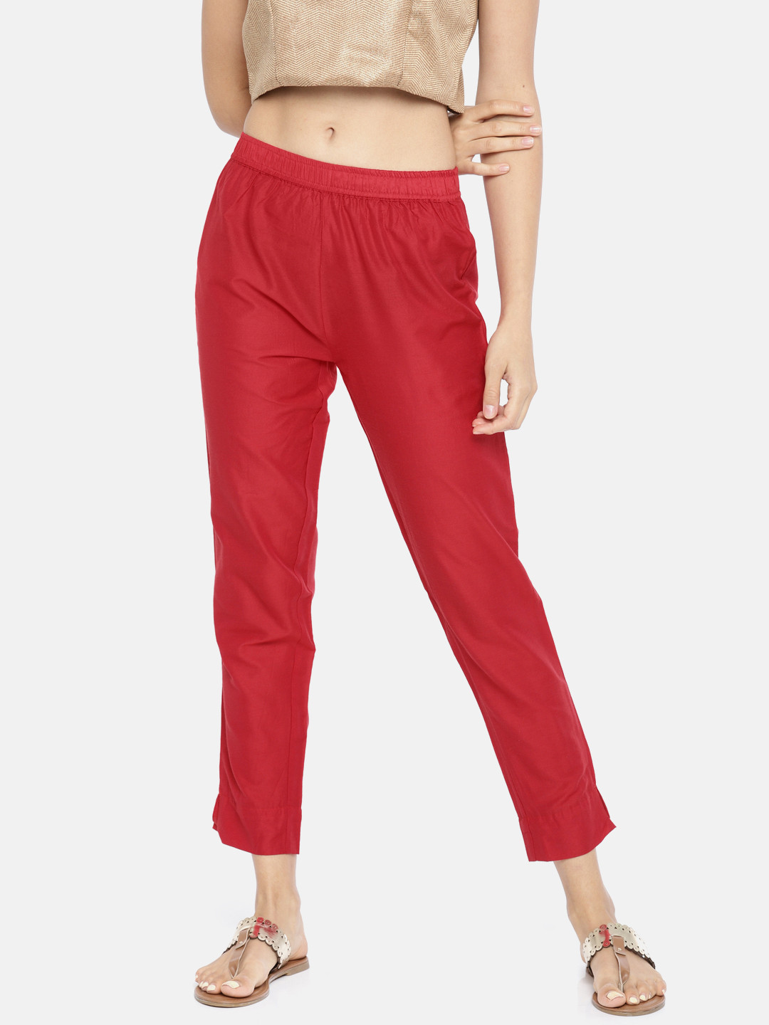 Buy Go Colors Women Red Tapered Fit Solid Cropped Regular Trousers ...
