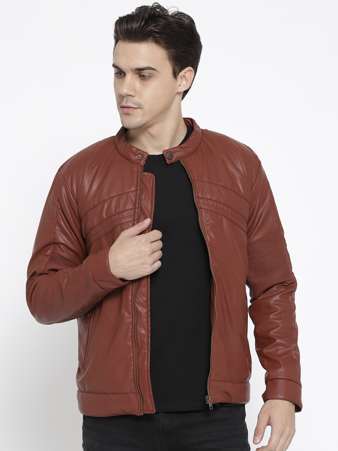 Buy Moda Rapido Men Brick Red Solid Faux Leather Tailored Jacket ...