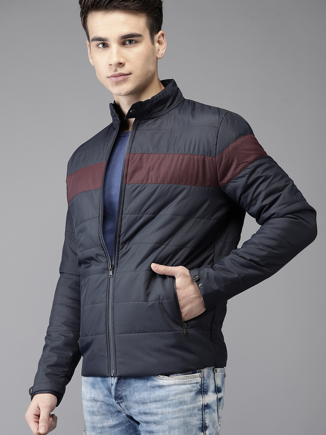 Buy Moda Rapido Men Navy Blue Solid Puffer Jacket - Jackets for Men ...