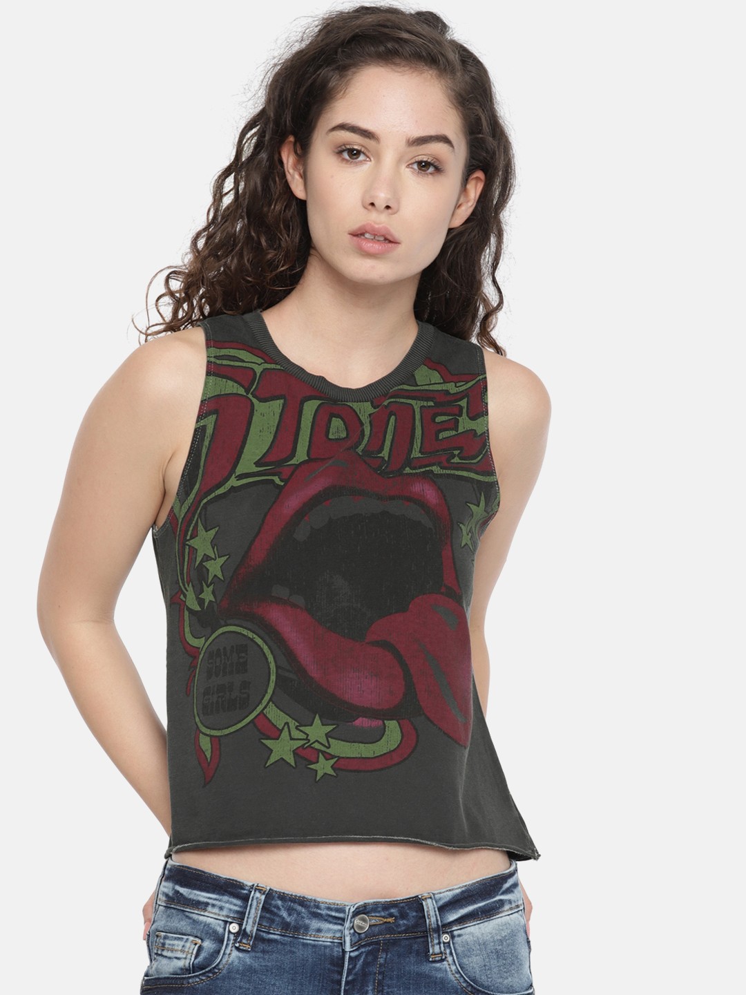 Buy American Eagle Outfitters Grey Printed Crop Pure Cotton Top Tops