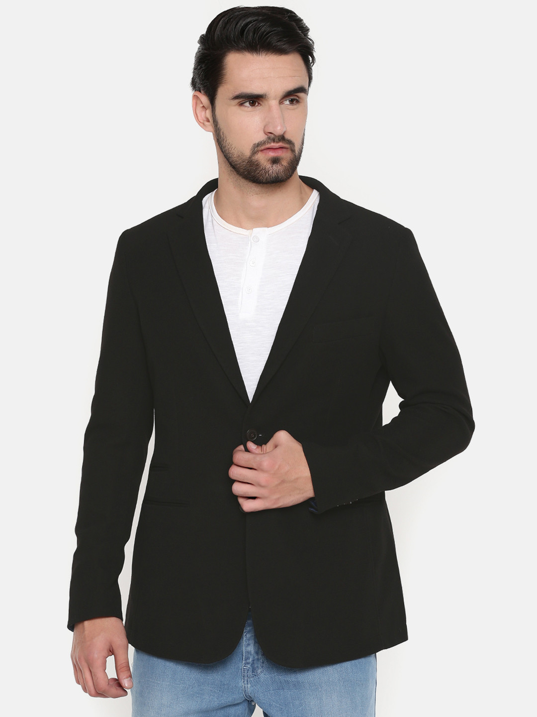 Buy Indian Terrain Men Black Textured Regular Fit Single Breasted ...