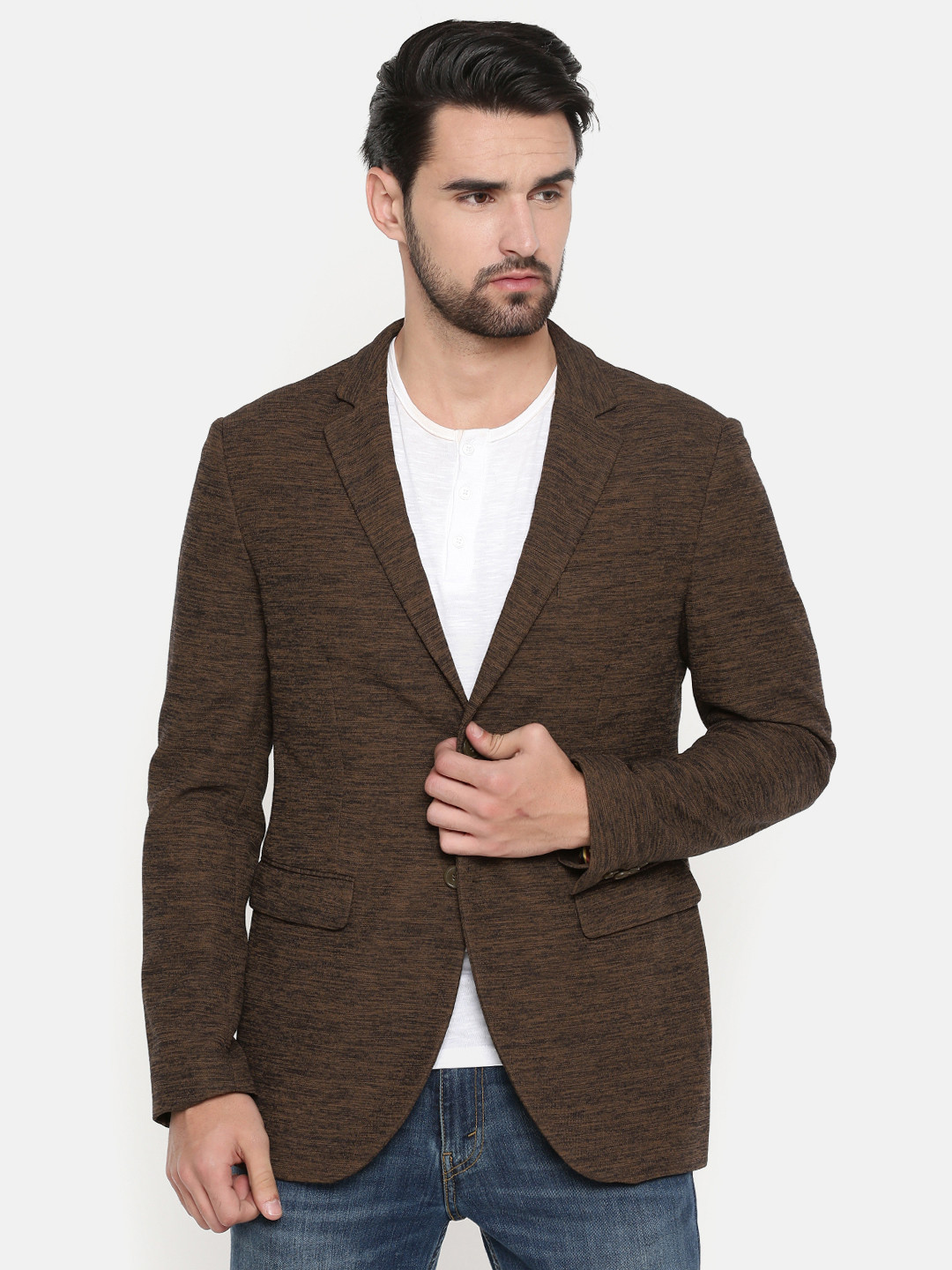 Buy Indian Terrain Men Brown Self Design Regular Fit Single Breasted ...