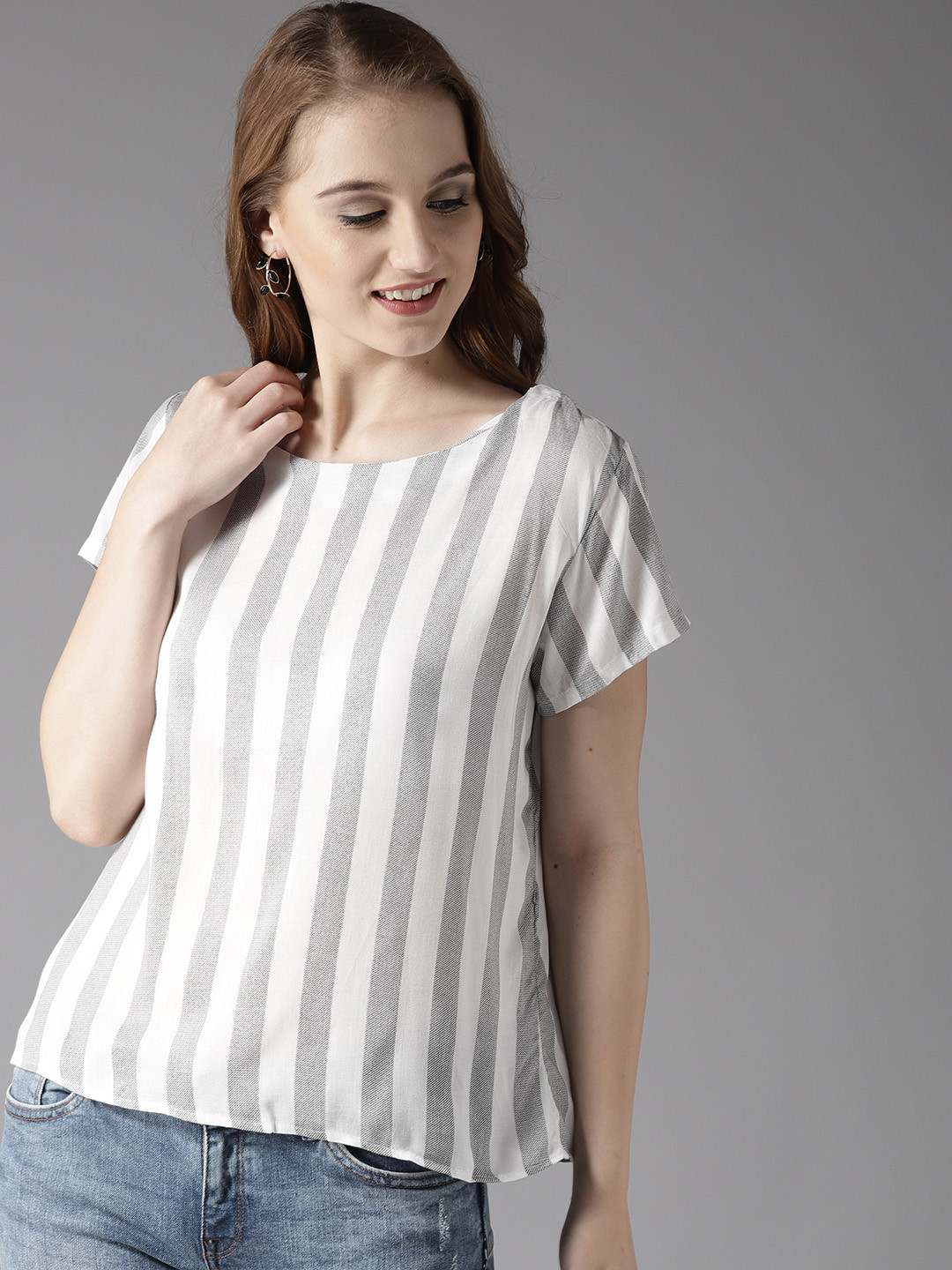 Buy HERE&NOW Women White & Black Striped A Line Top - Tops for Women ...