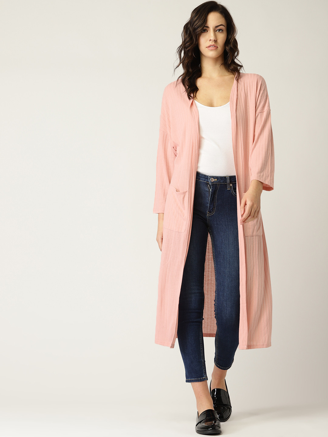 Buy MANGO Pink Self Striped Longline Open Front Shrug - Shrug for Women ...