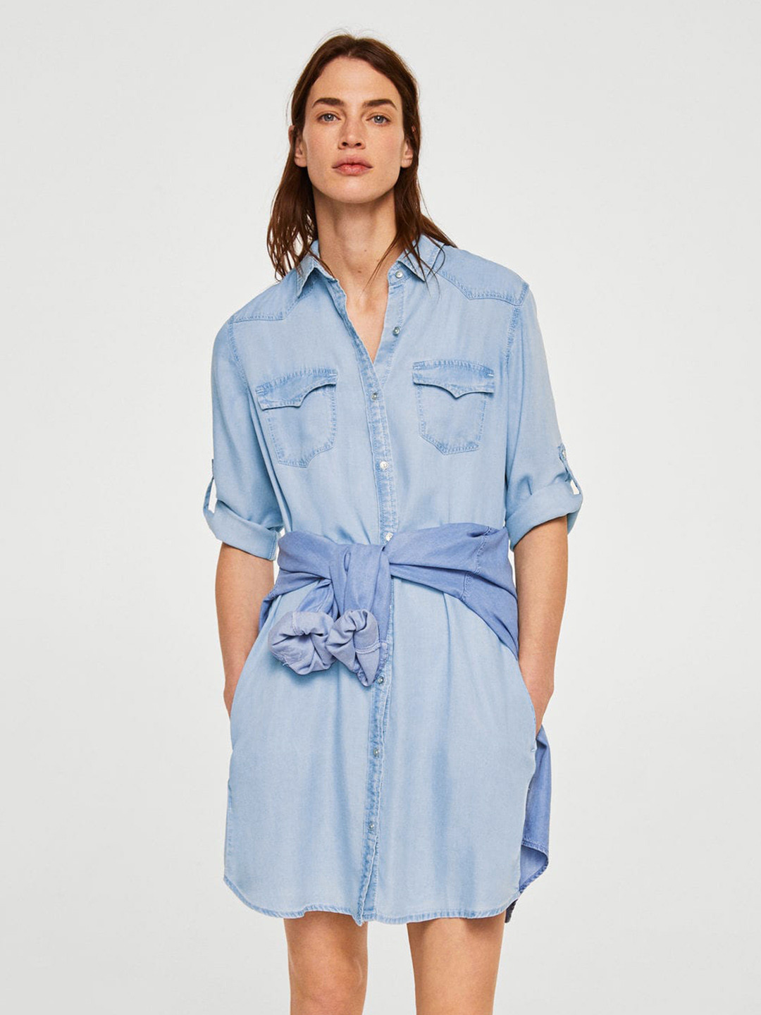 Buy MANGO Women Blue Solid Chambray Shirt Dress - Dresses for Women ...