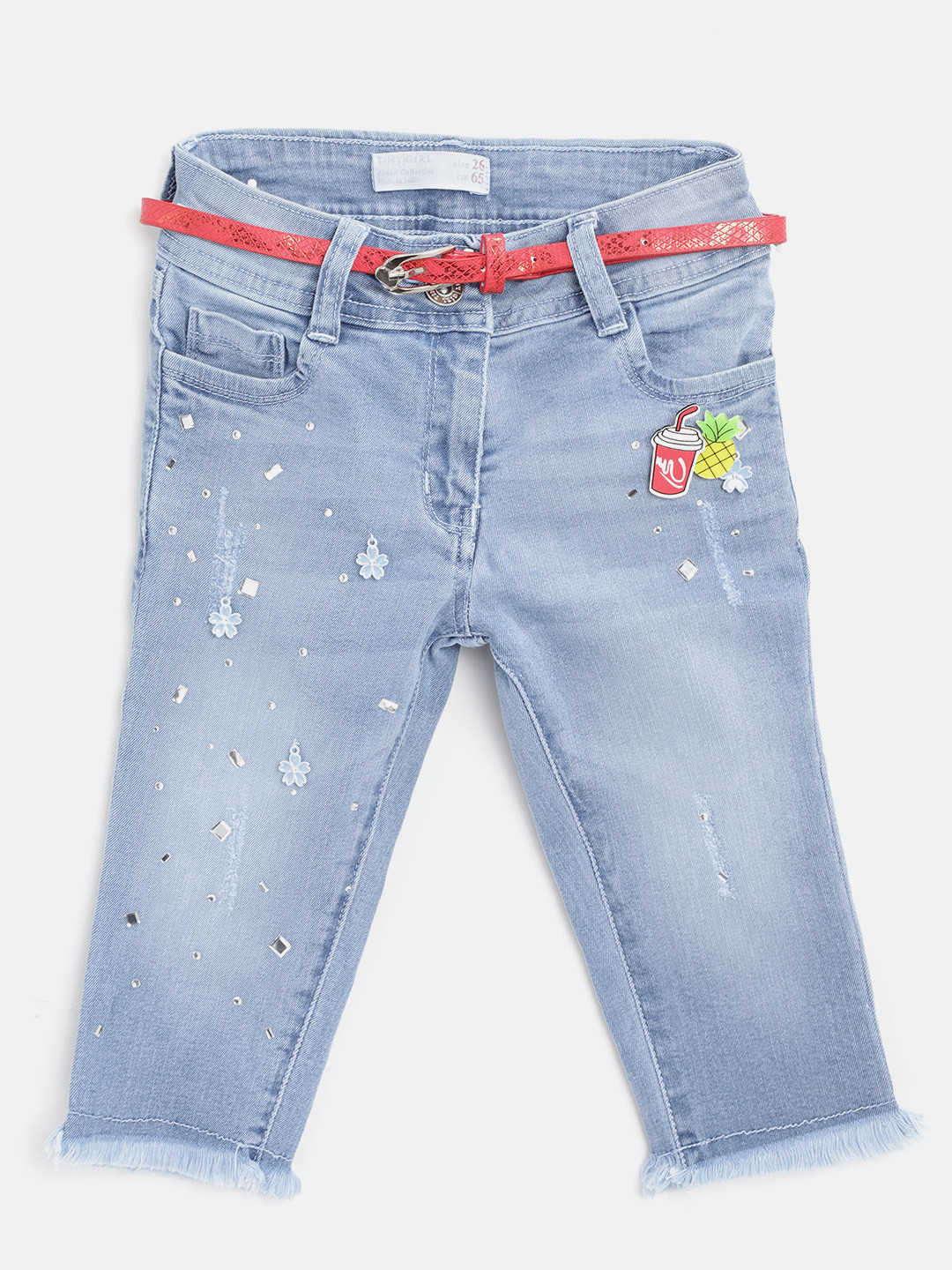 Buy Tiny Girl Blue Washed Regular Fit Embellished Denim Capris - Capris ...
