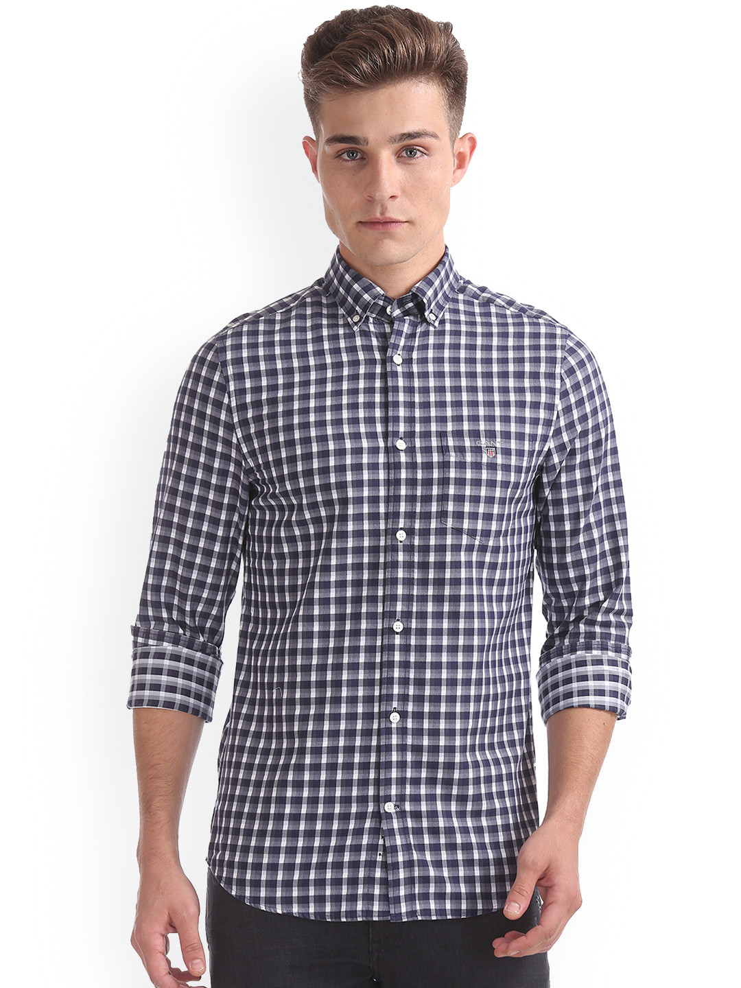 Buy GANT Men Grey & White Slim Fit Checked Casual Shirt - Shirts for ...