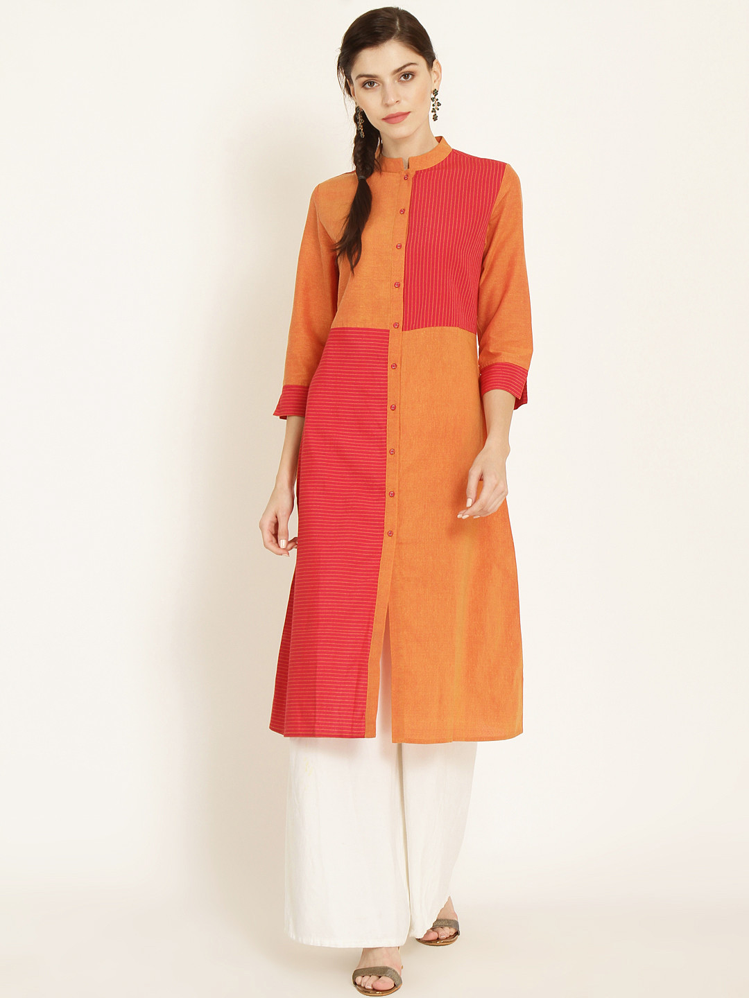 Buy RARE ROOTS Women Orange & Red Colourblocked Straight Kurta - Kurtas ...