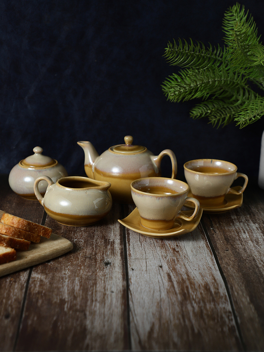 Buy VarEesha Mustard Yellow & Beige 5 Pieces Stoneware Tea Pot With ...