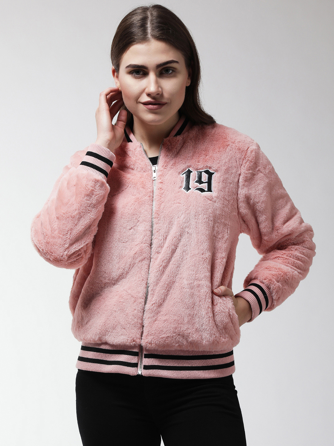 Buy FOREVER 21 Women Pink Faux Fur Varsity Jacket - Jackets for Women ...