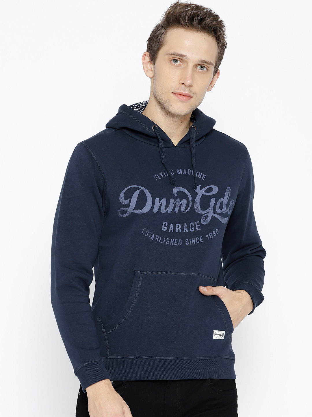 Buy Flying Machine Men Navy Blue Printed Hooded Sweatshirt ...