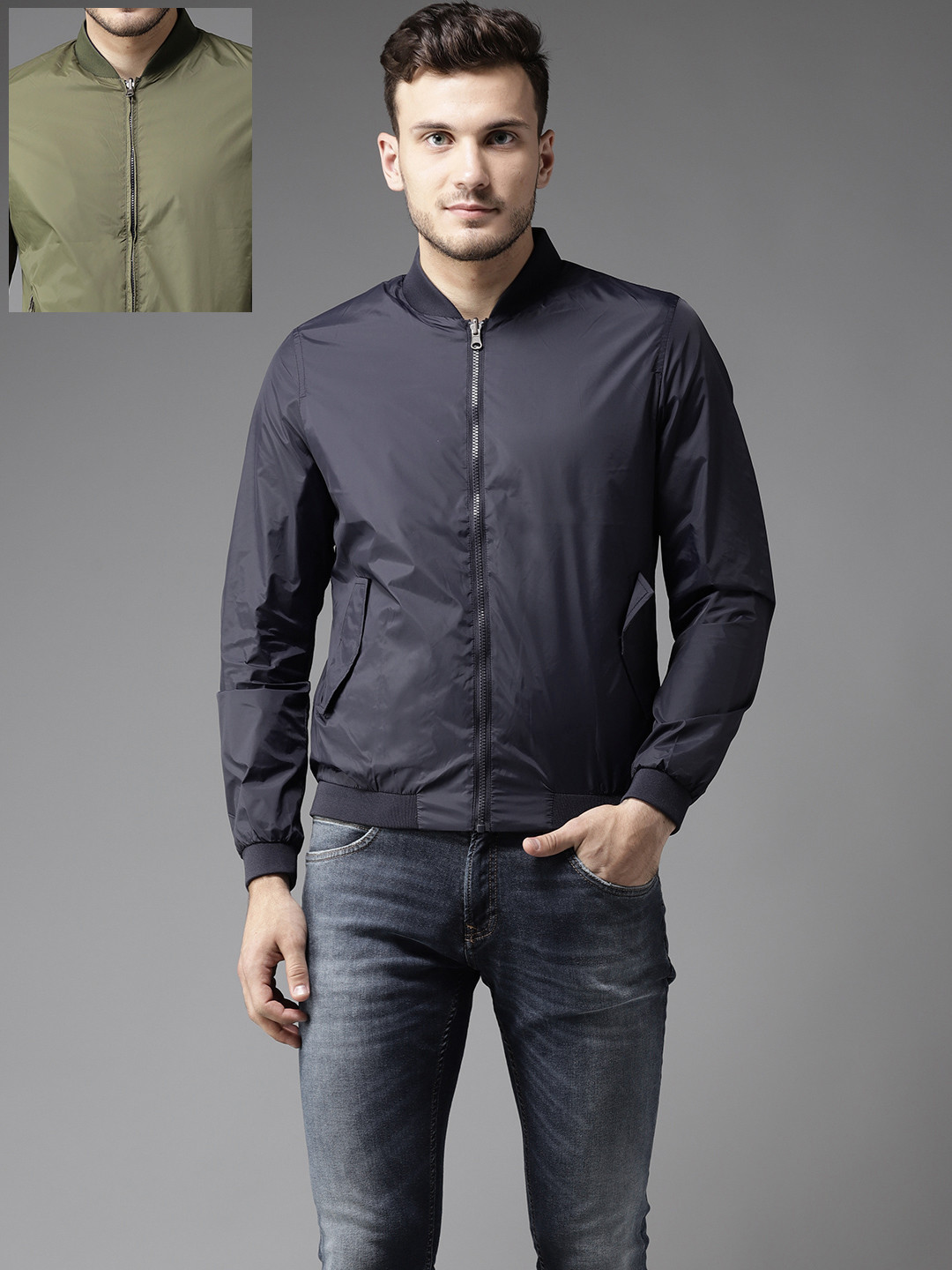 Buy Flying Machine Men Navy & Olive Green Reversible Bomber Jacket ...