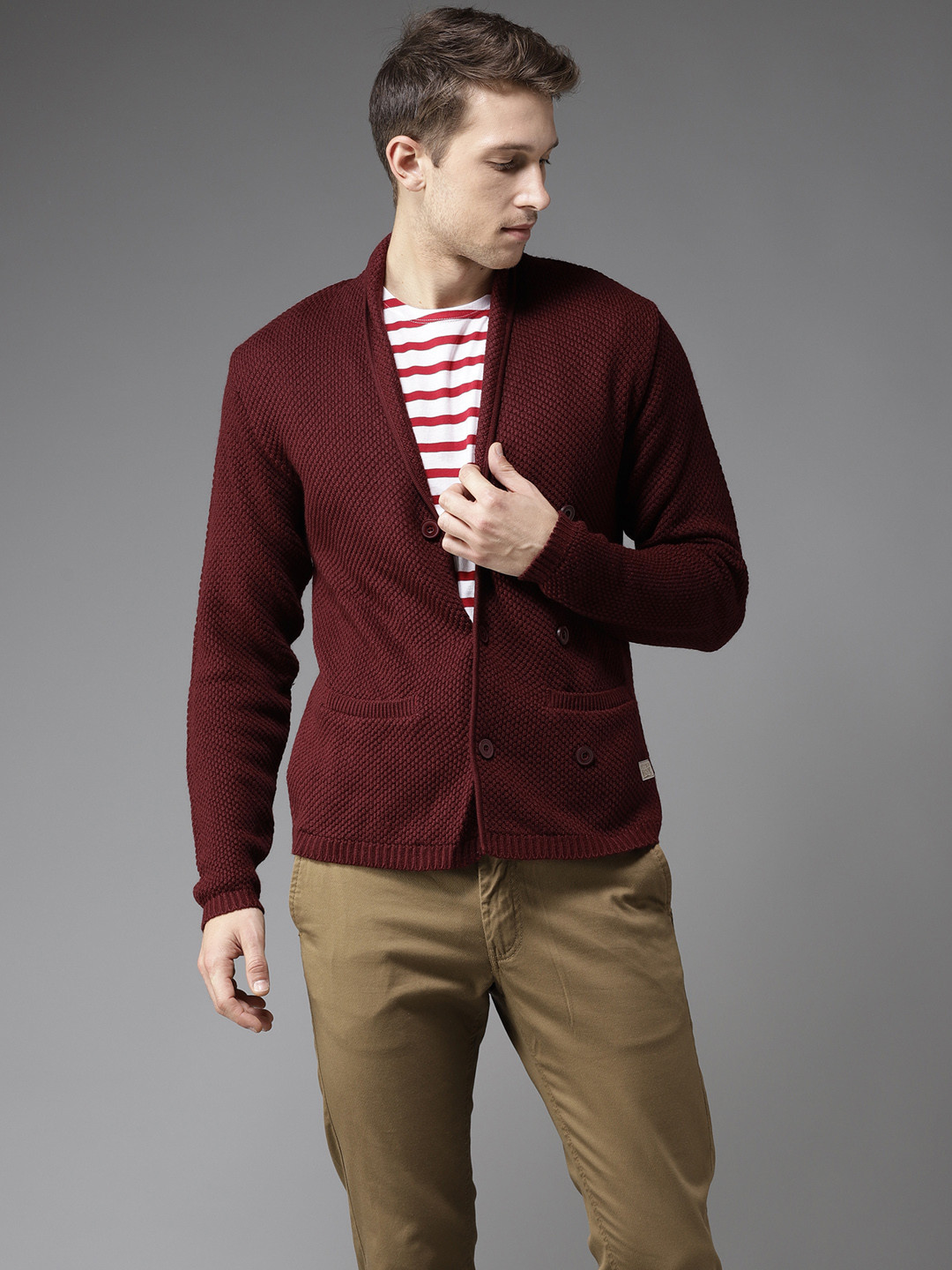 Buy Flying Machine Men Maroon Self Design Cardigan - Sweaters for Men ...