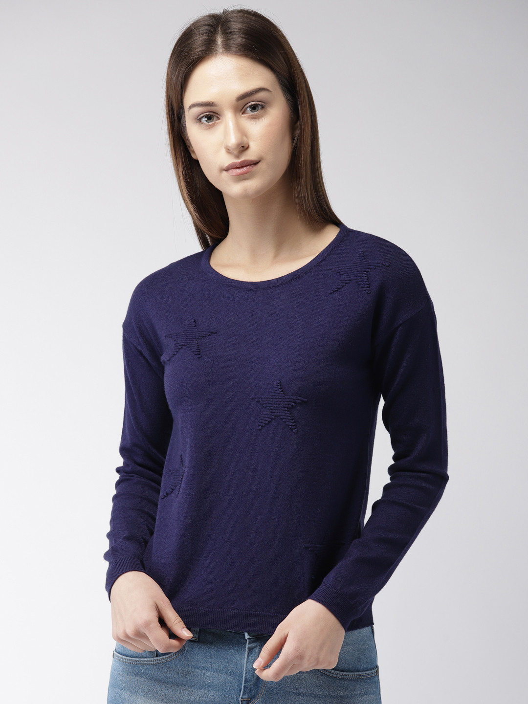 Buy Madame Women Navy Blue Star Self Design Pullover - Sweaters for ...
