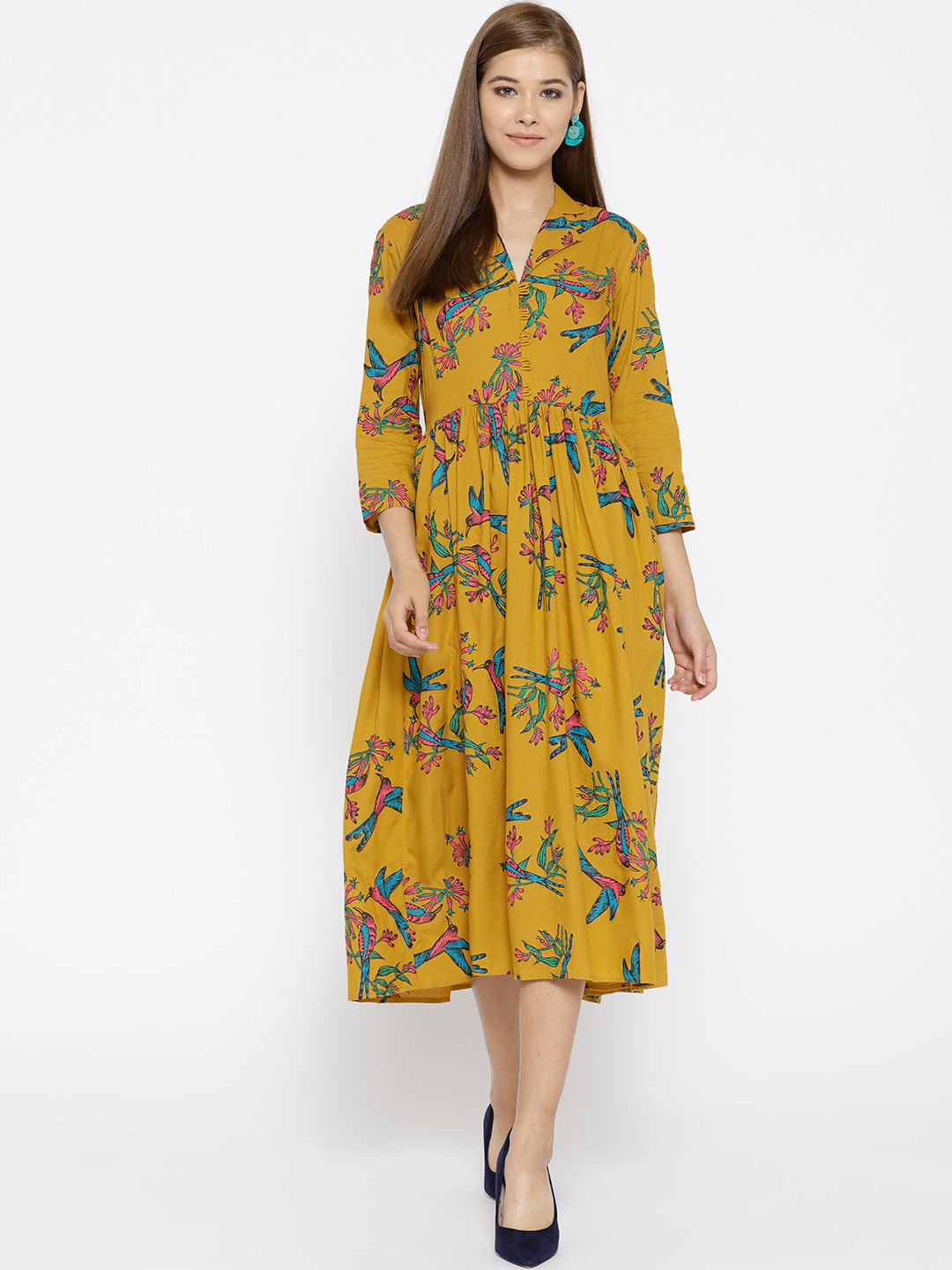Buy MABISH By Sonal Jain Women Mustard Yellow Printed Empire Dress ...
