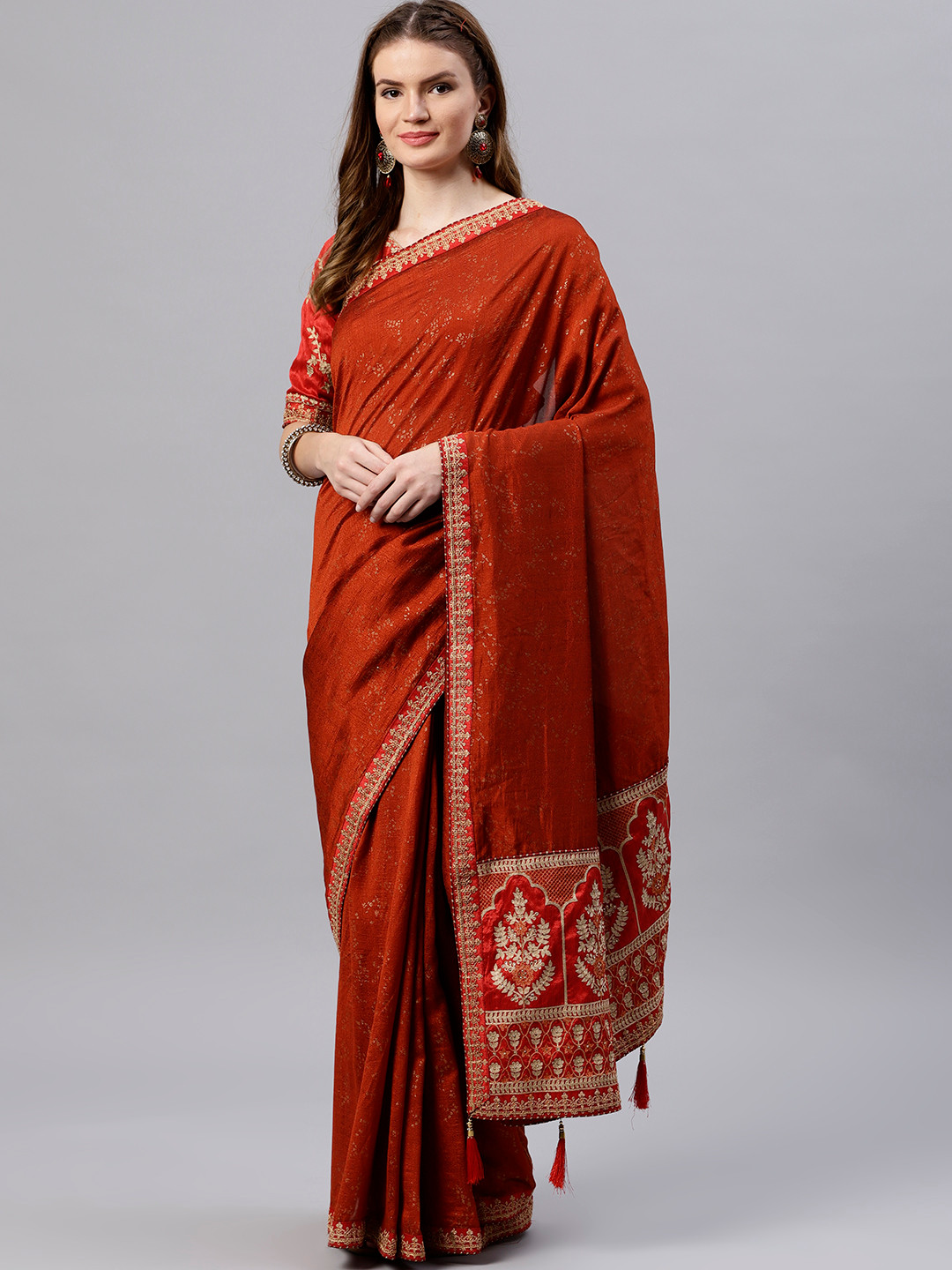 Buy Inddus Rust Orange Embroidered Partywear Saree - Sarees for Women ...