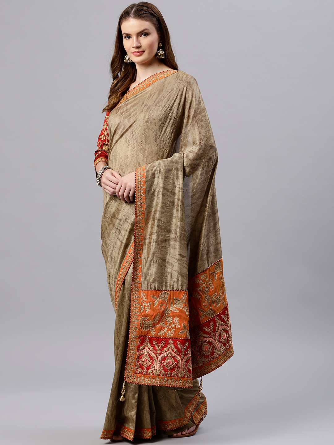 Buy Inddus Beige & Rust Red Printed Partywear Saree - Sarees for Women ...