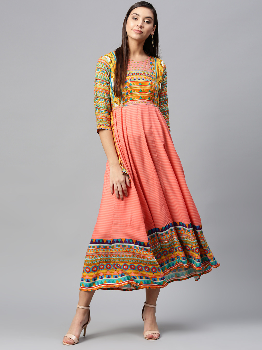 Buy Shree Women Peach Coloured Printed Maxi Dress - Dresses for Women ...