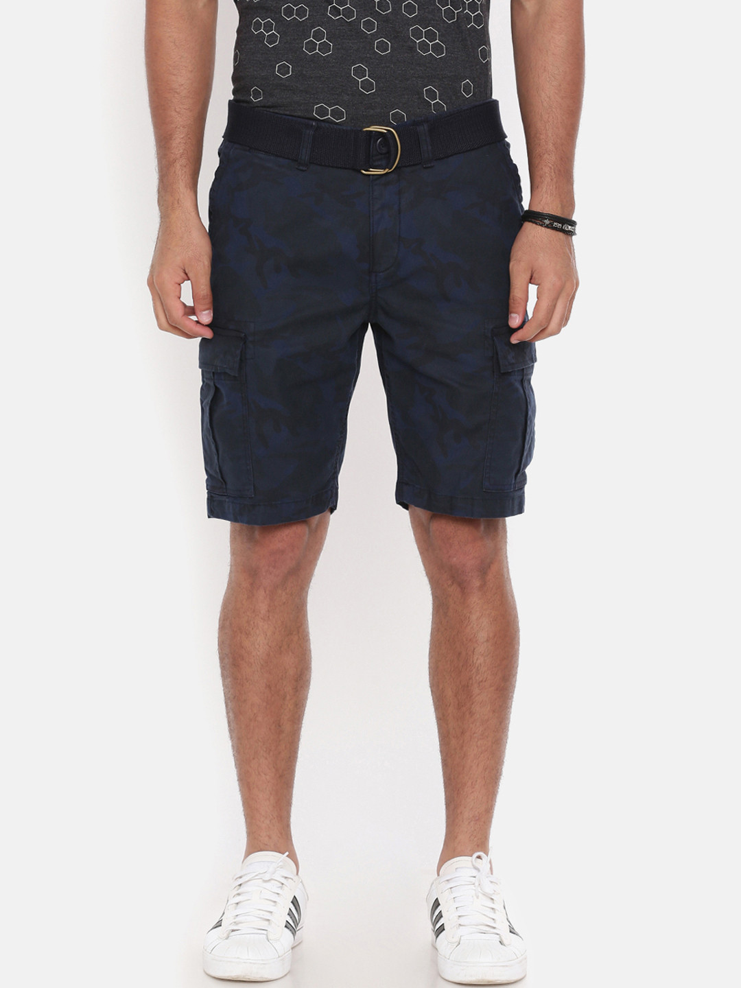 Buy Breakbounce Men Navy Blue Printed Slim Fit Cargo Shorts - Shorts ...