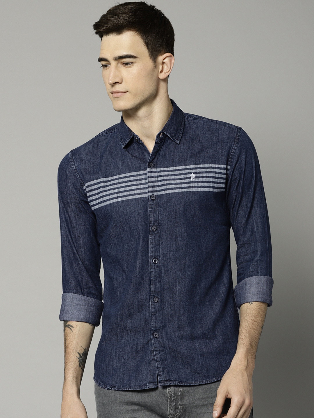 Buy French Connection Men Navy Blue Regular Fit Striped Casual Denim ...