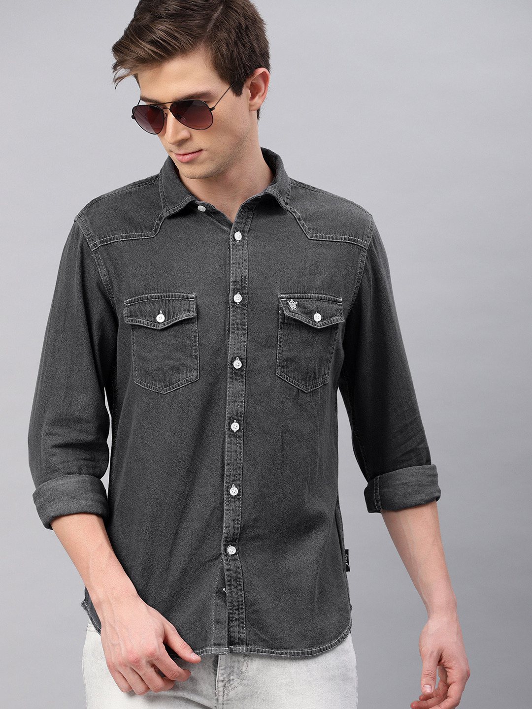 Buy French Connection Men Grey Regular Fit Faded Denim Casual Shirt ...