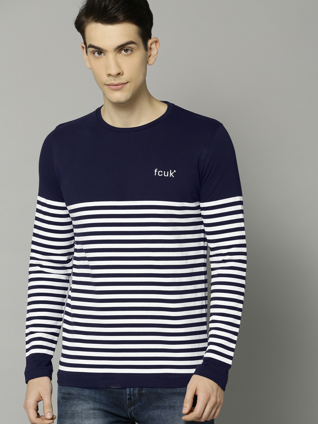 Buy French Connection Men Navy Blue White Striped Round Neck Pure ...