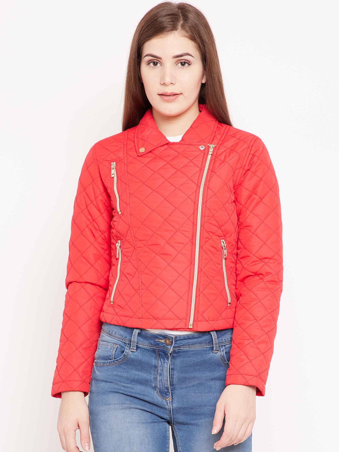 Buy Madame Women Coral Red Solid Quilted Jacket - Jackets for Women ...