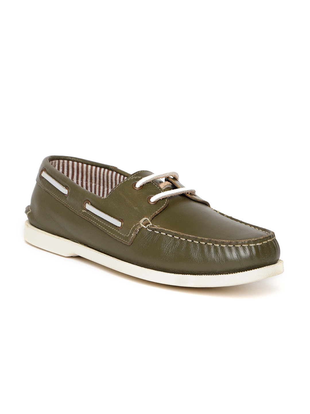 Buy United Colors Of Benetton Men Olive Green Leather Boat Shoes ...