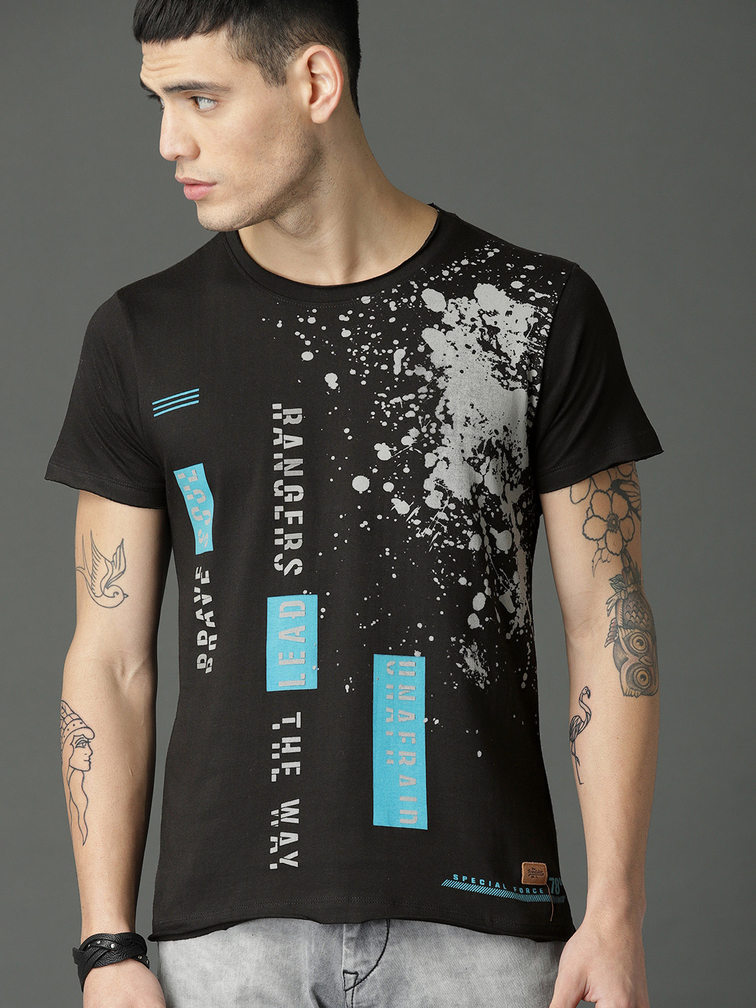 Buy Roadster Men Black Printed Round Neck Pure Cotton T Shirt - Tshirts for Men 7330786 | Myntra