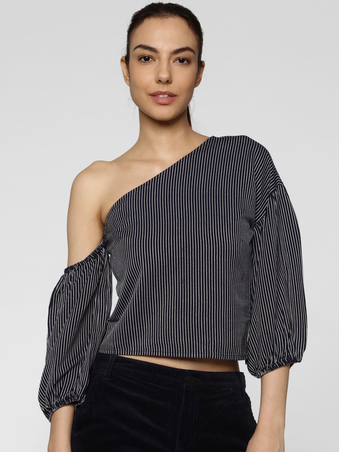 Buy ONLY Women Navy & White Striped One Shoulder Top - Tops for Women ...