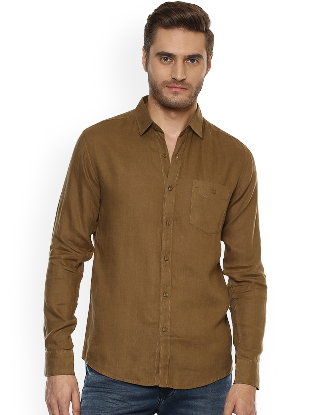 Buy Mufti Men Khaki Slim Fit Solid Linen Casual Shirt - Shirts for Men ...