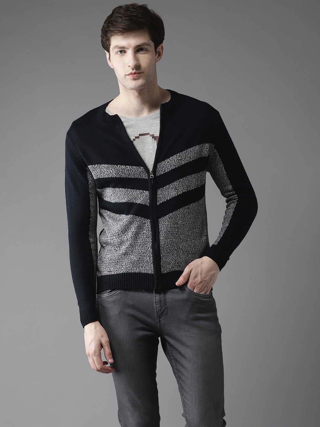 Buy Flying Machine Men Navy Blue & White Self Design Cardigan ...