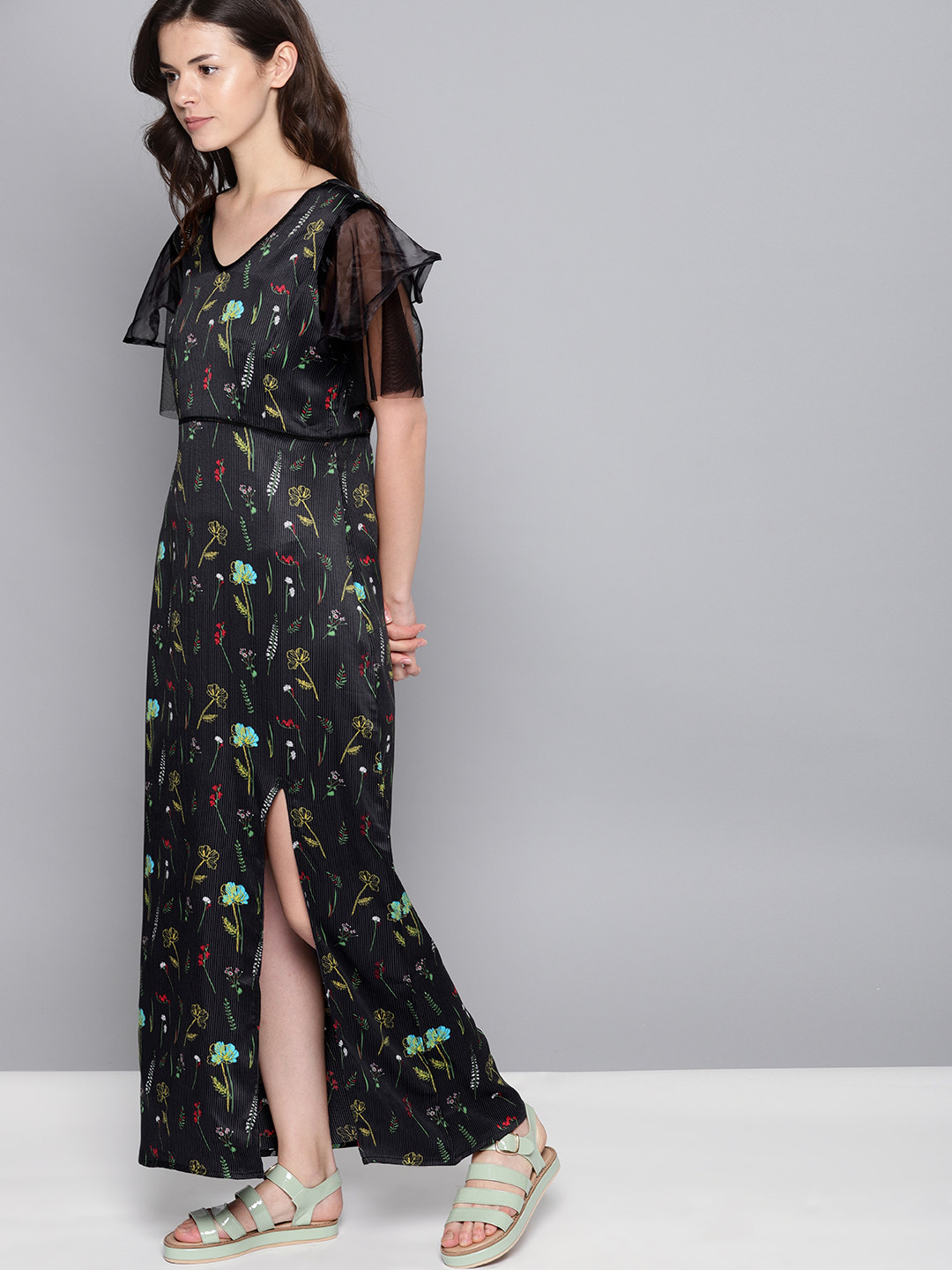 Buy NUSH Women Black Floral Printed Maxi Dress - Dresses for Women ...