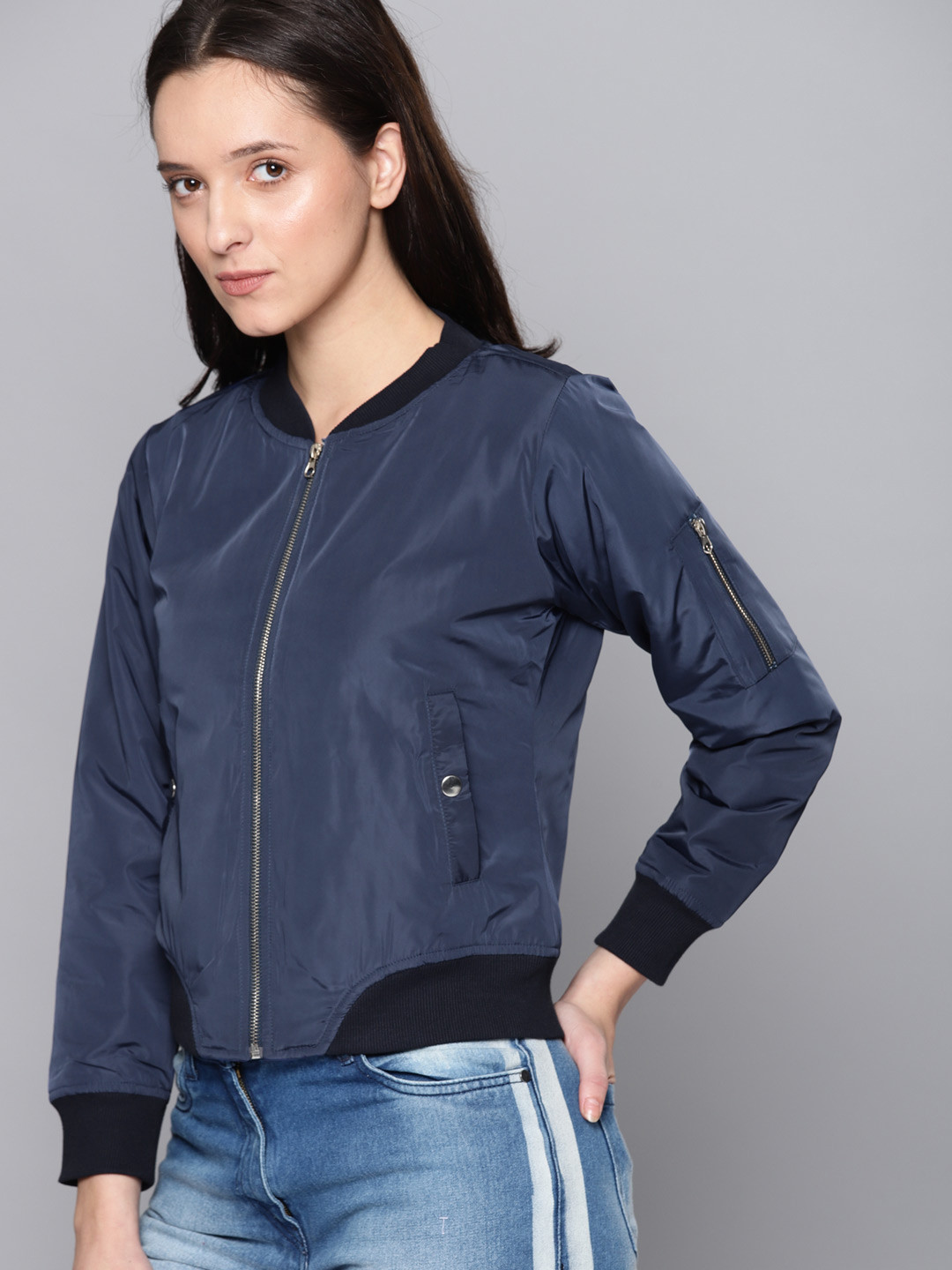 Buy NUSH Women Navy Blue Solid Bomber - Jackets for Women 7342942 | Myntra