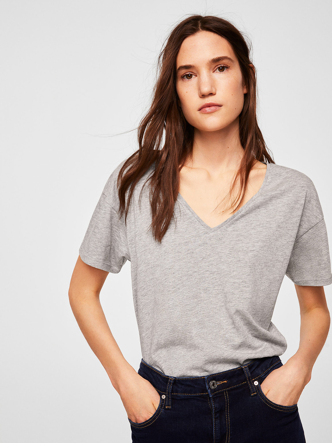 Buy MANGO Women Grey Melange Solid V Neck T Shirt - Tshirts for Women ...