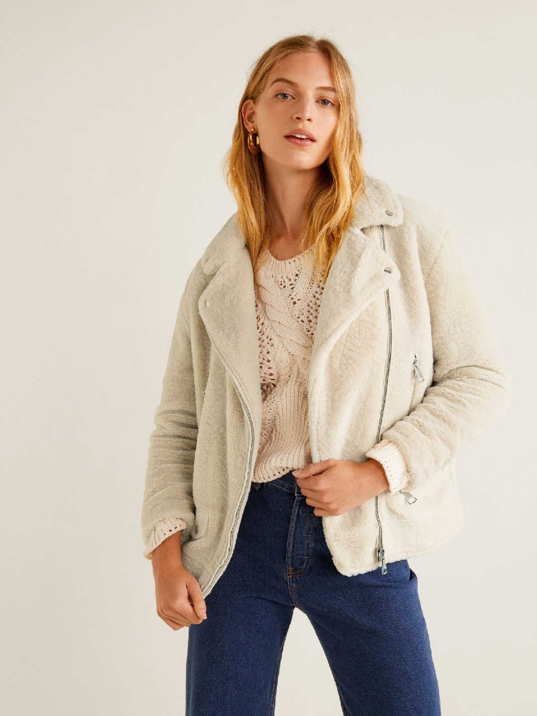 Buy MANGO Women Beige Faux Fur Asymmetric Closure Tailored Jacket ...