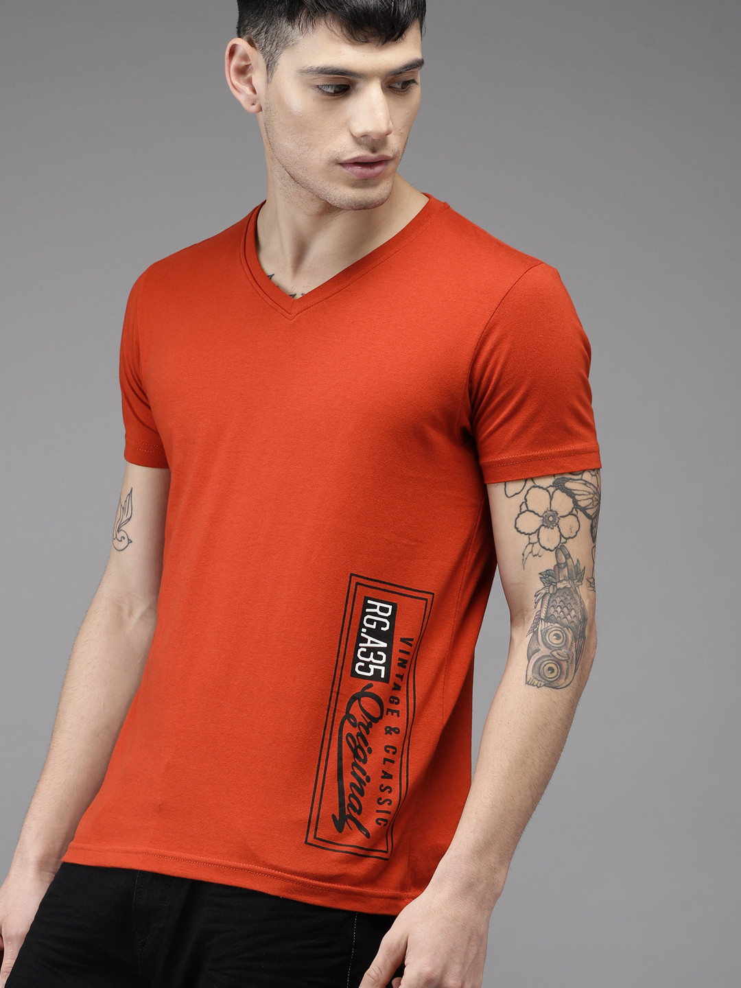 Buy HERE&NOW Men Rust Orange Printed V Neck T Shirt - Tshirts for Men ...
