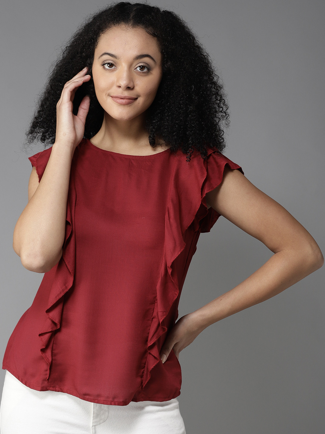 Buy HERE&NOW Women Maroon Solid Styled Back Top - Tops for Women ...