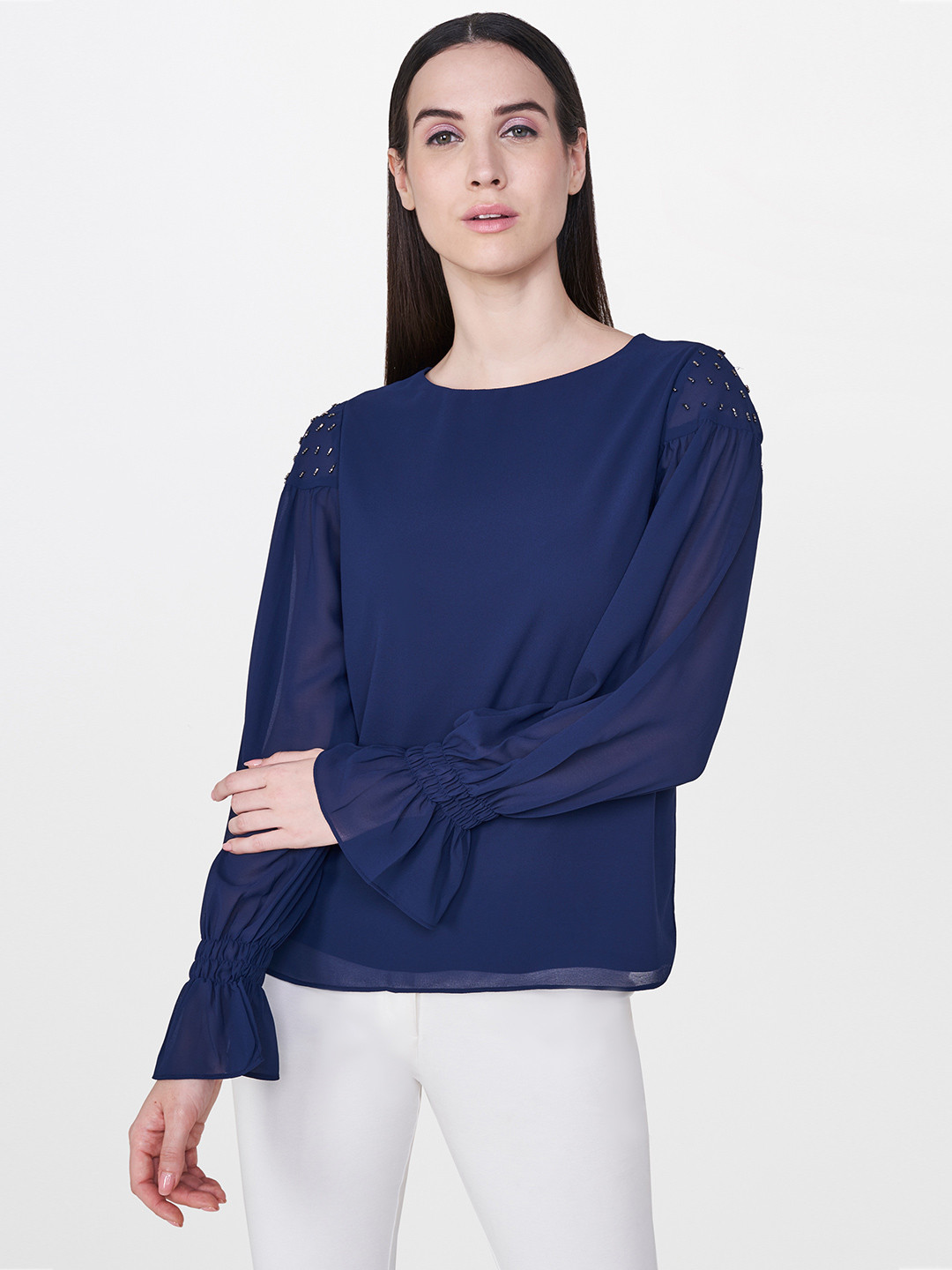 Buy AND Women Navy Blue Solid Top - Tops for Women 7379819 | Myntra