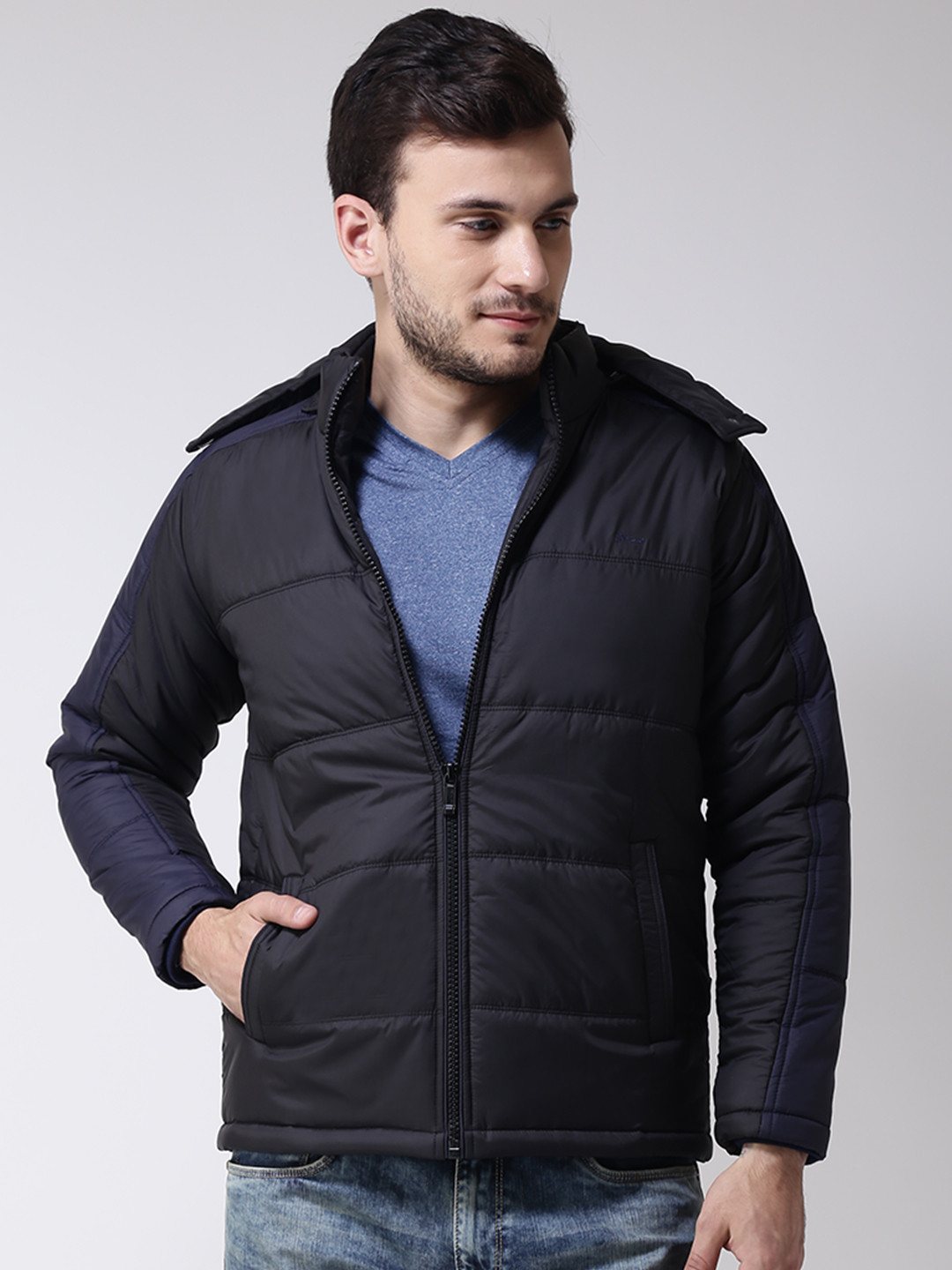 Buy Okane Men Black Solid Padded Jacket With Detachable Hood - Jackets ...