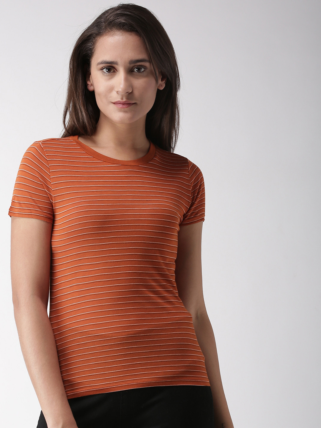 Buy FOREVER 21 Women Rust Brown Striped Round Neck T Shirt - Tshirts ...