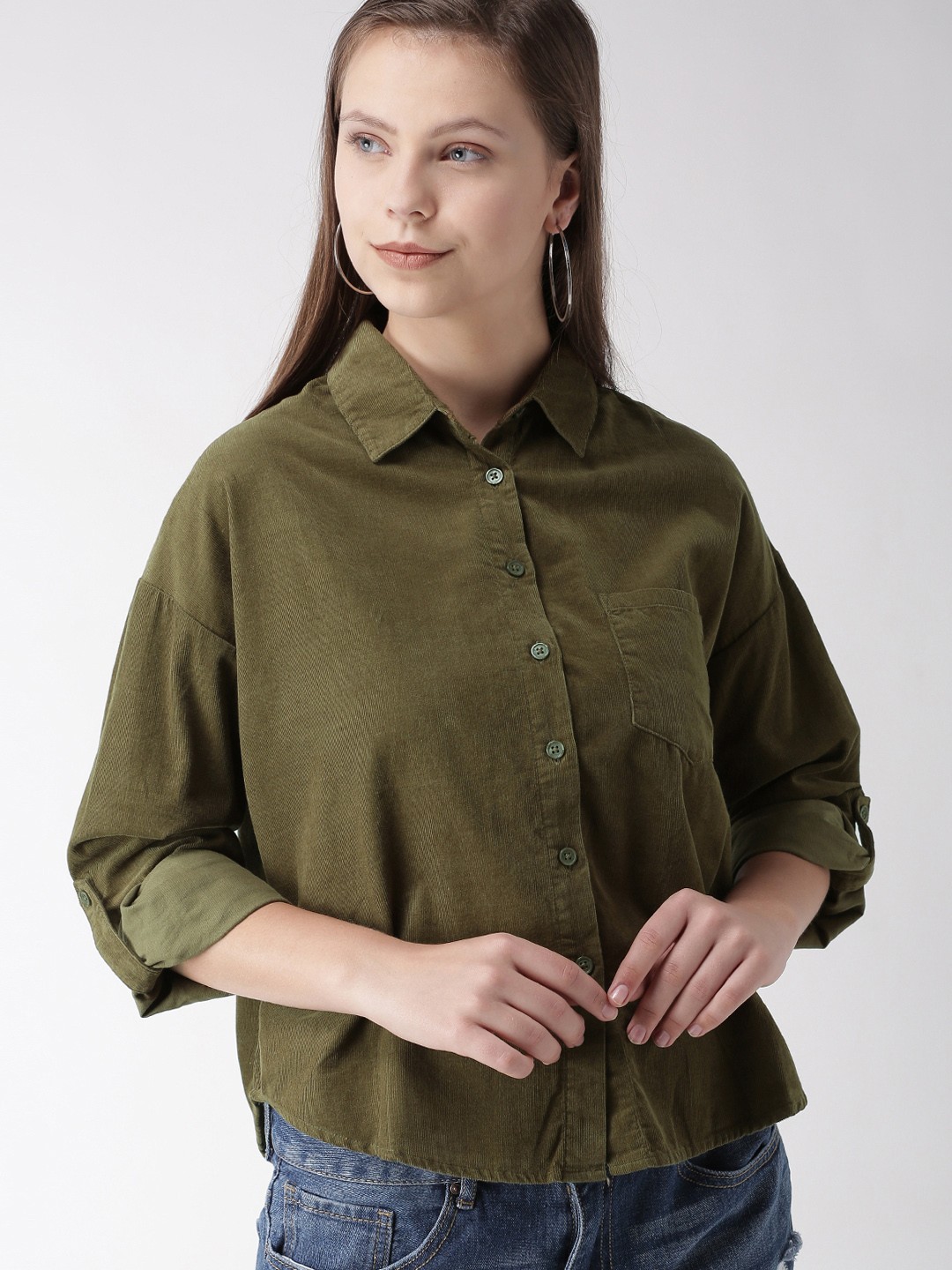 Buy Forever 21 Women Olive Green Regular Fit Solid Casual Shirt